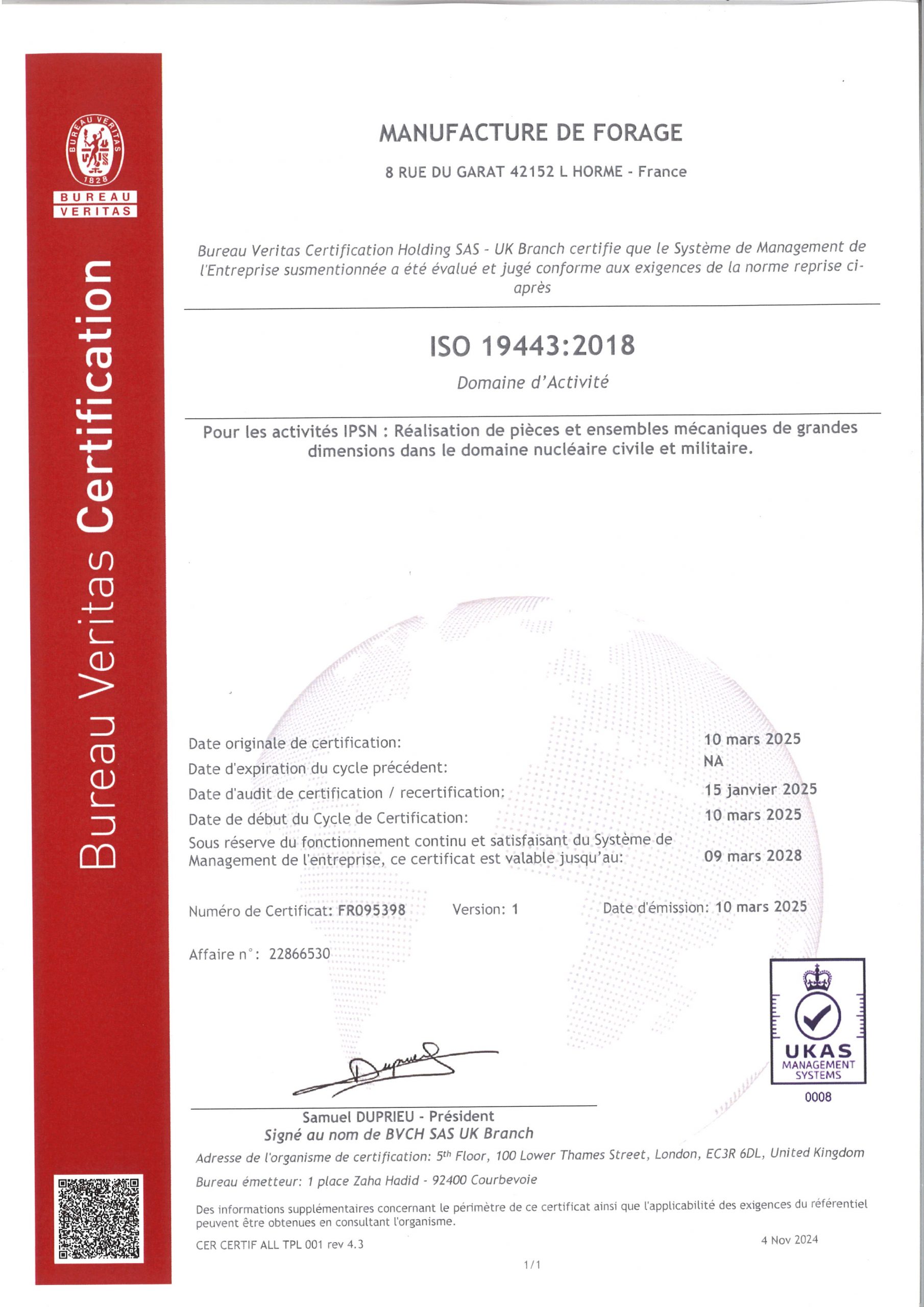 Certification ISO 19443 Sûreté Nucléaire | Manufacture de Forage